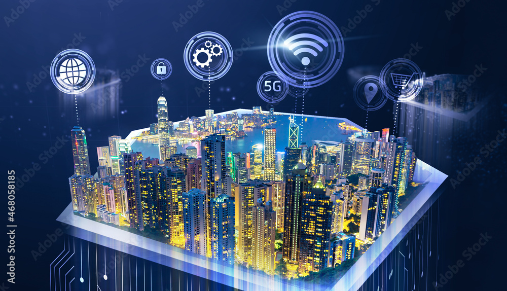 Futuristic smart city structure in space blue background concept ...