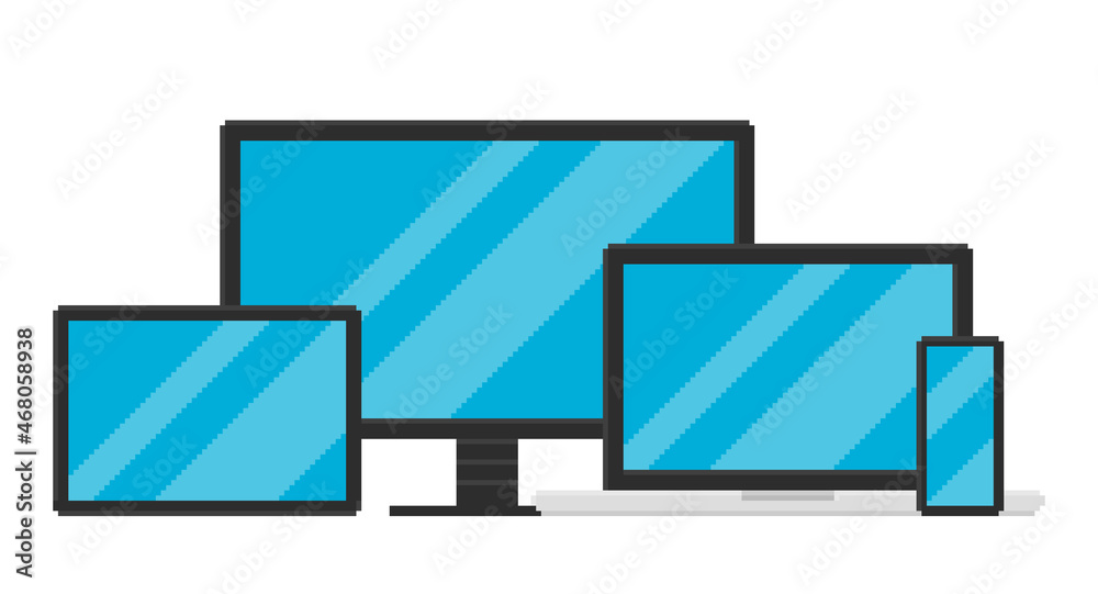 Pixel art vector illustration of laptop, tablet, monitor and smartphone ...
