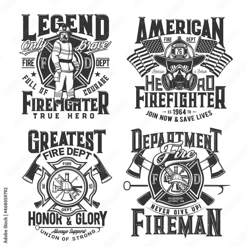 Tshirt prints with firefighter and equipment gas mask, glasses and ...