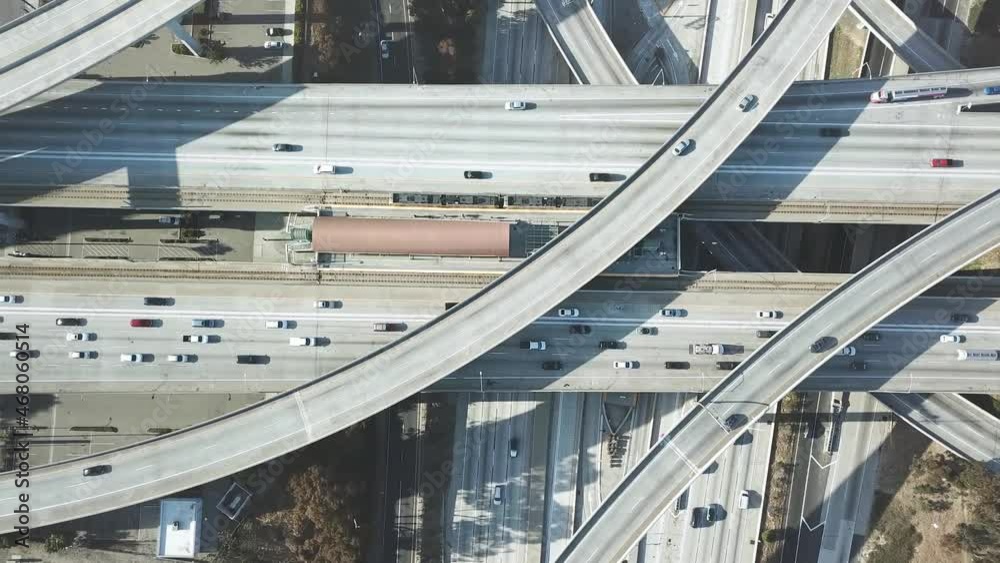 Aerial downtown Los Angeles. Cars traffic on freeway roads in center LA ...