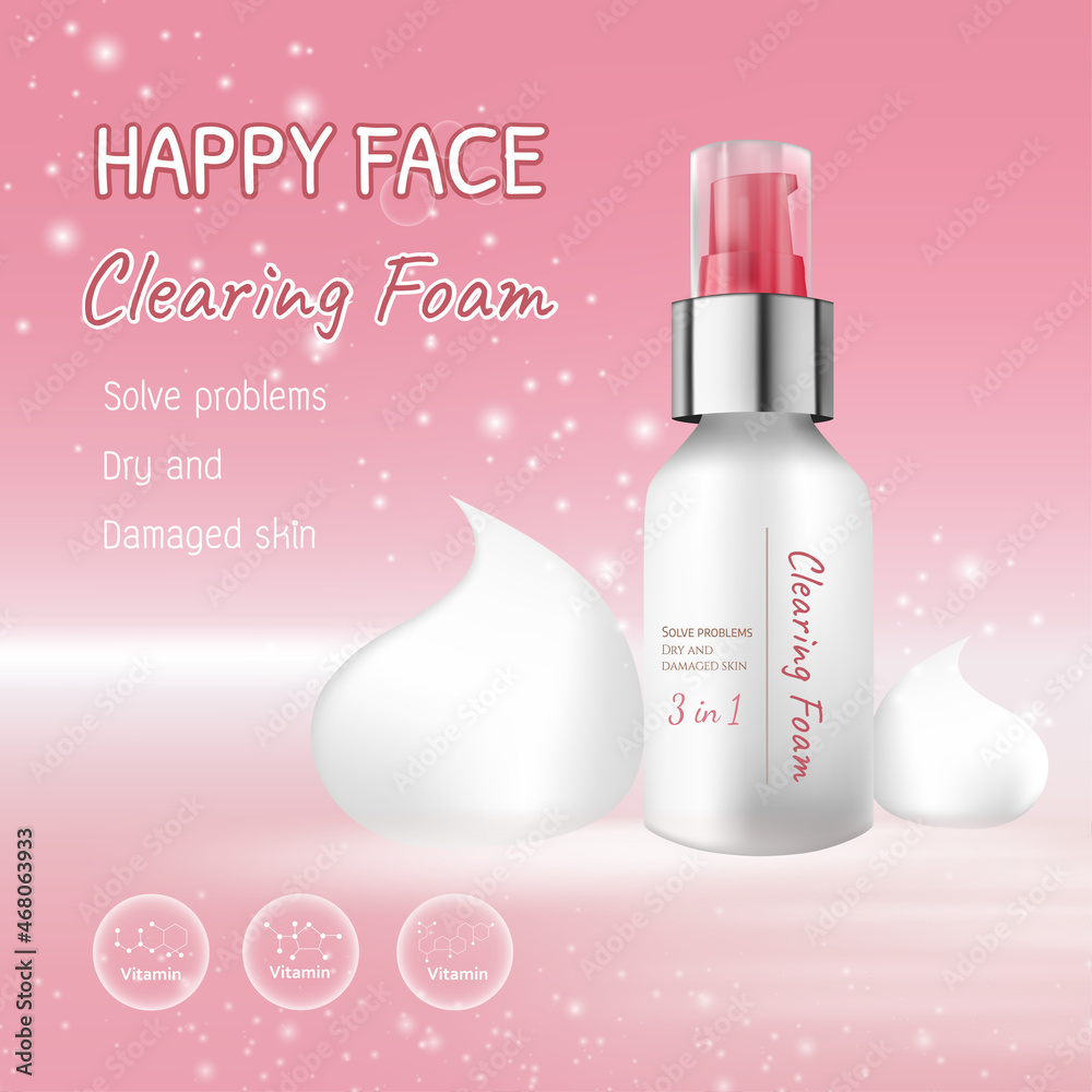 Liquid soap dispenser on pink bokeh background. Advertising poster for ...