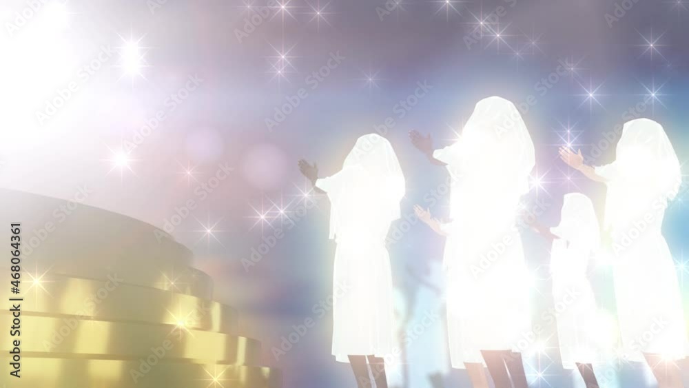 the righteous dressed in white robes before the golden throne of god ...