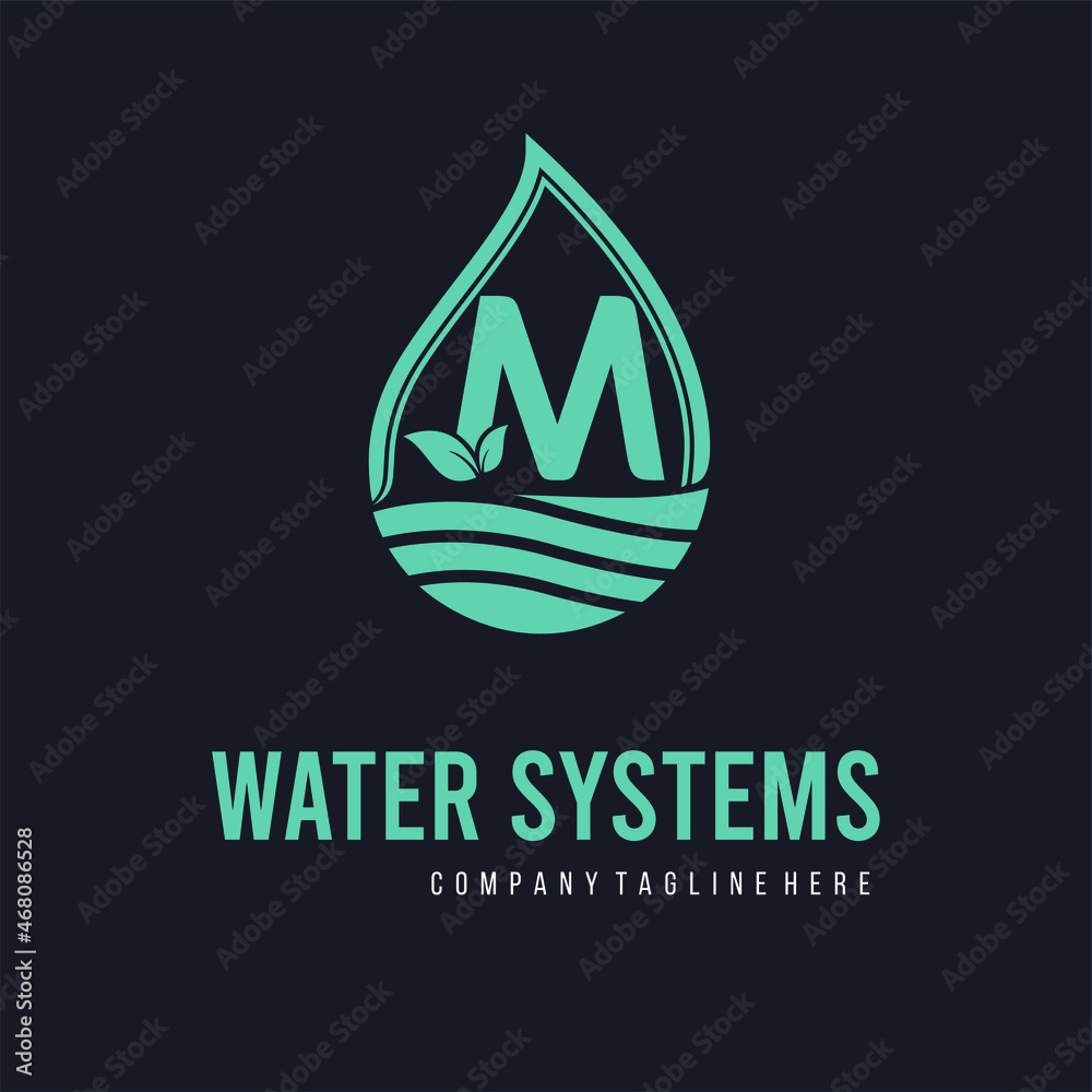 Initial M Letter with water drop and leaf for water drainage ...