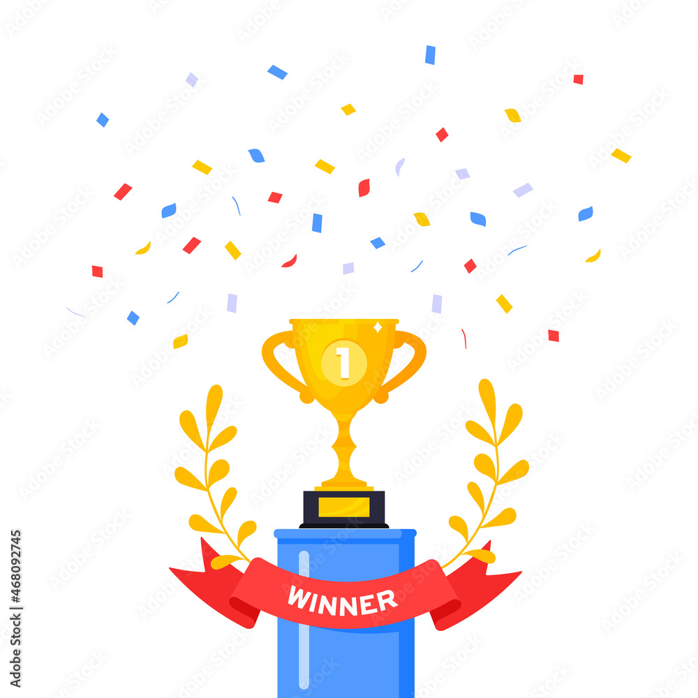 First place win golden award trophy goblet cup icon sign flat style ...