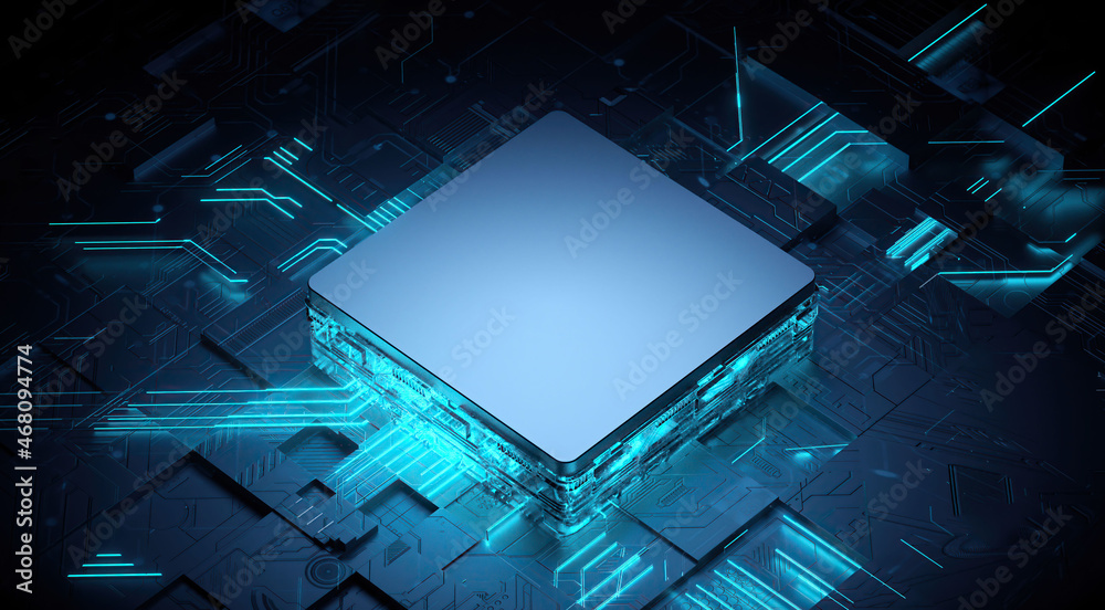 3D rendering of cyberpunk AI. Circuit board. Technology background ...