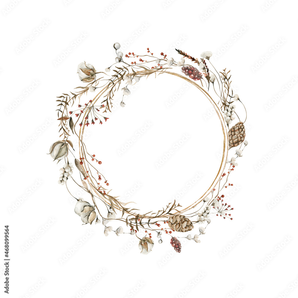 Watercolor floral wreath. Hand painted christmas frame of winter ...