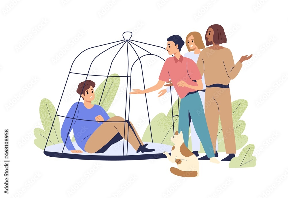 Person with depression and fear. Friends open cage and help victim to ...