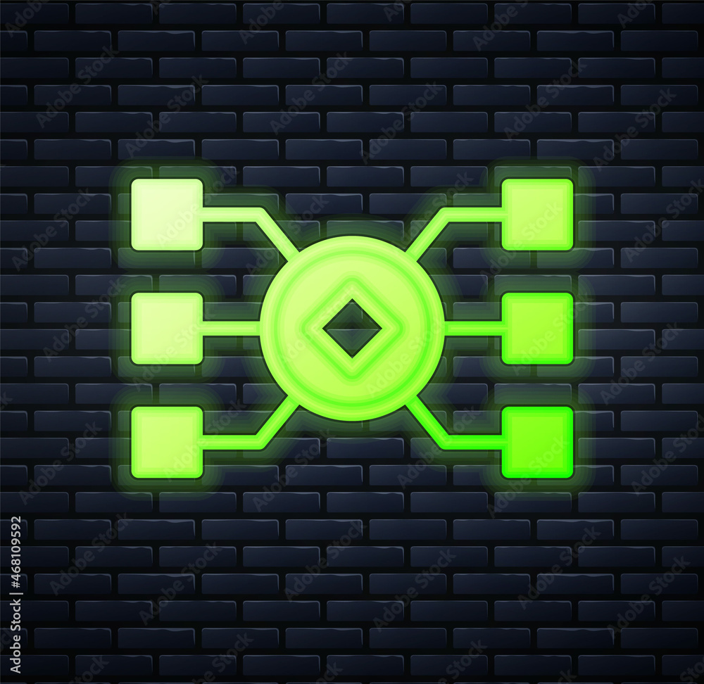 Glowing neon Neural network icon isolated on brick wall background ...