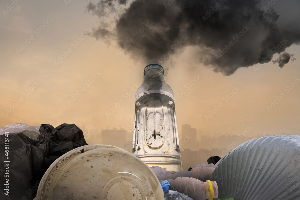 Black smoke release from plastic bottle metaphor Co2, Source of Carbon ...