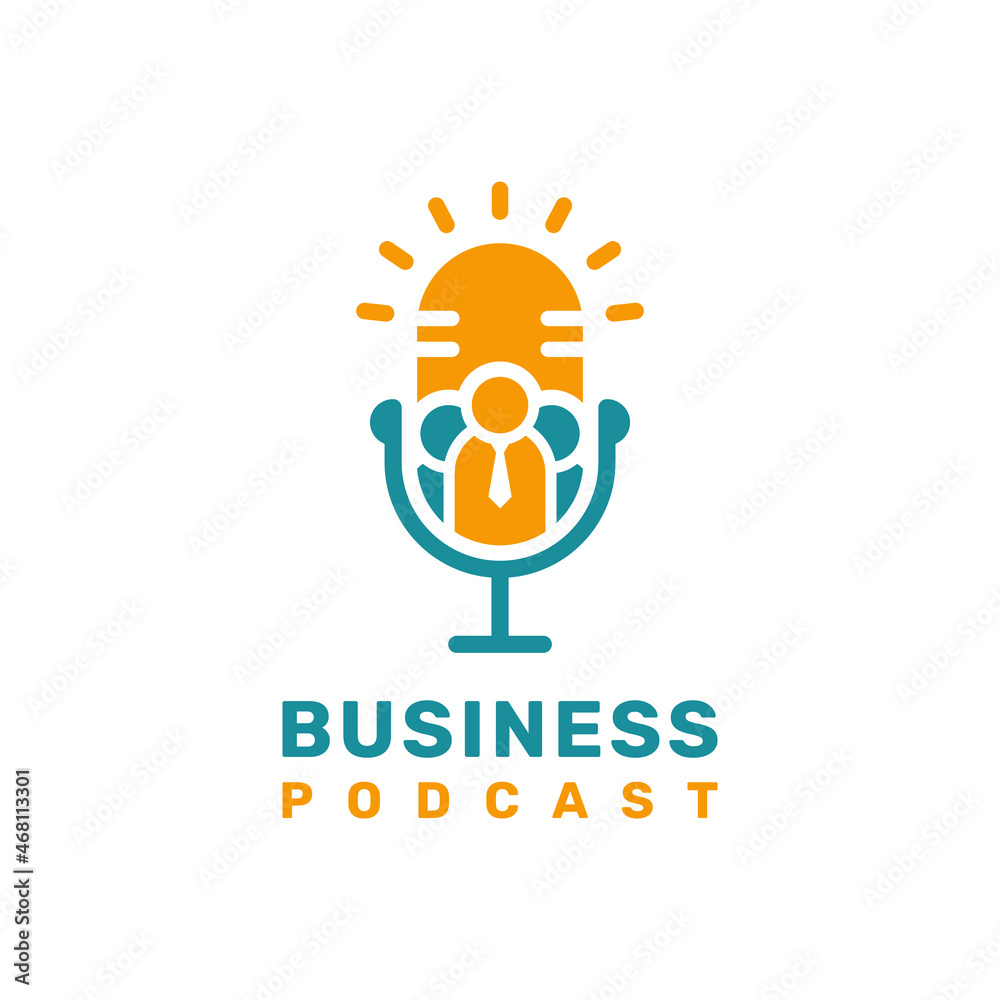 Business motivation podcast logo vector with businessman and microphone ...