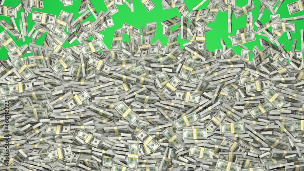 Dollar bills falling from above. Stacks of banknotes fill the screen ...