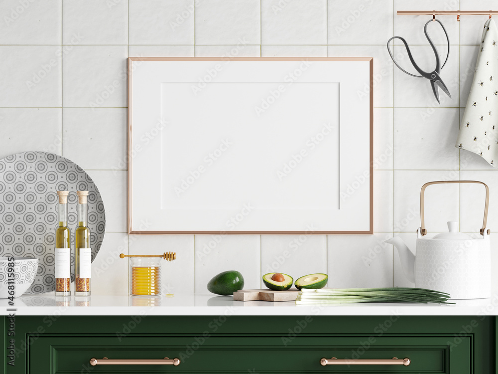 poster mockup, kitchen frame mockup, modern kitchen interior, 3d render ...
