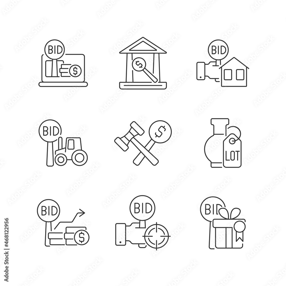 Vektorová grafika „Types of bargaining linear icons set. Auction house ...