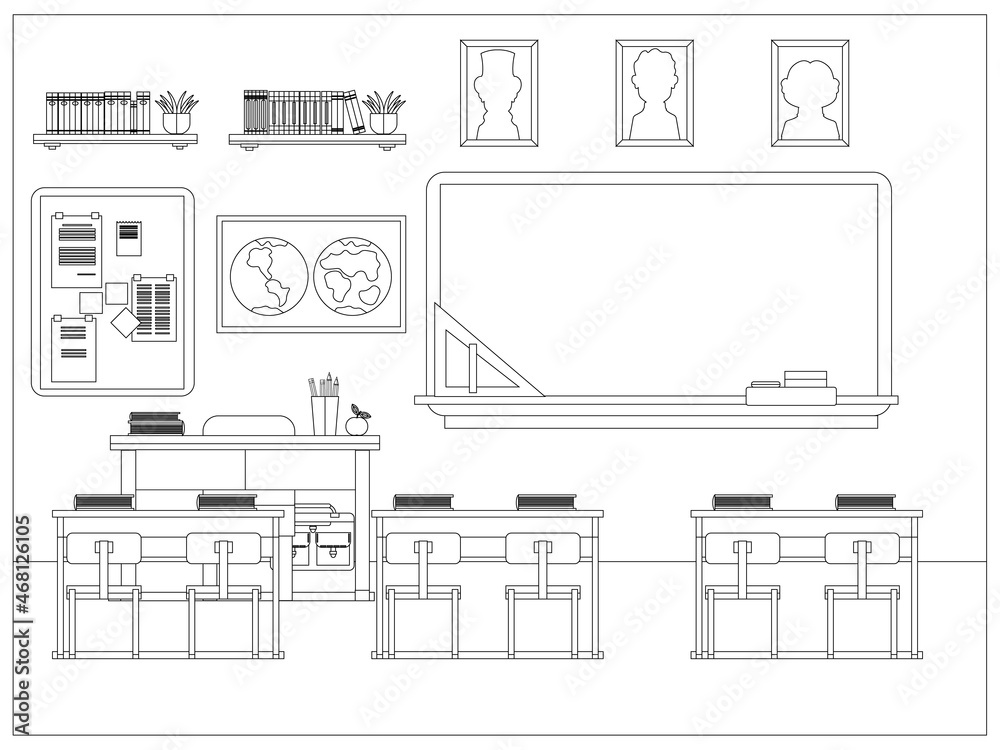 School classroom with chalkboard and desks coloring book. Classroom for ...