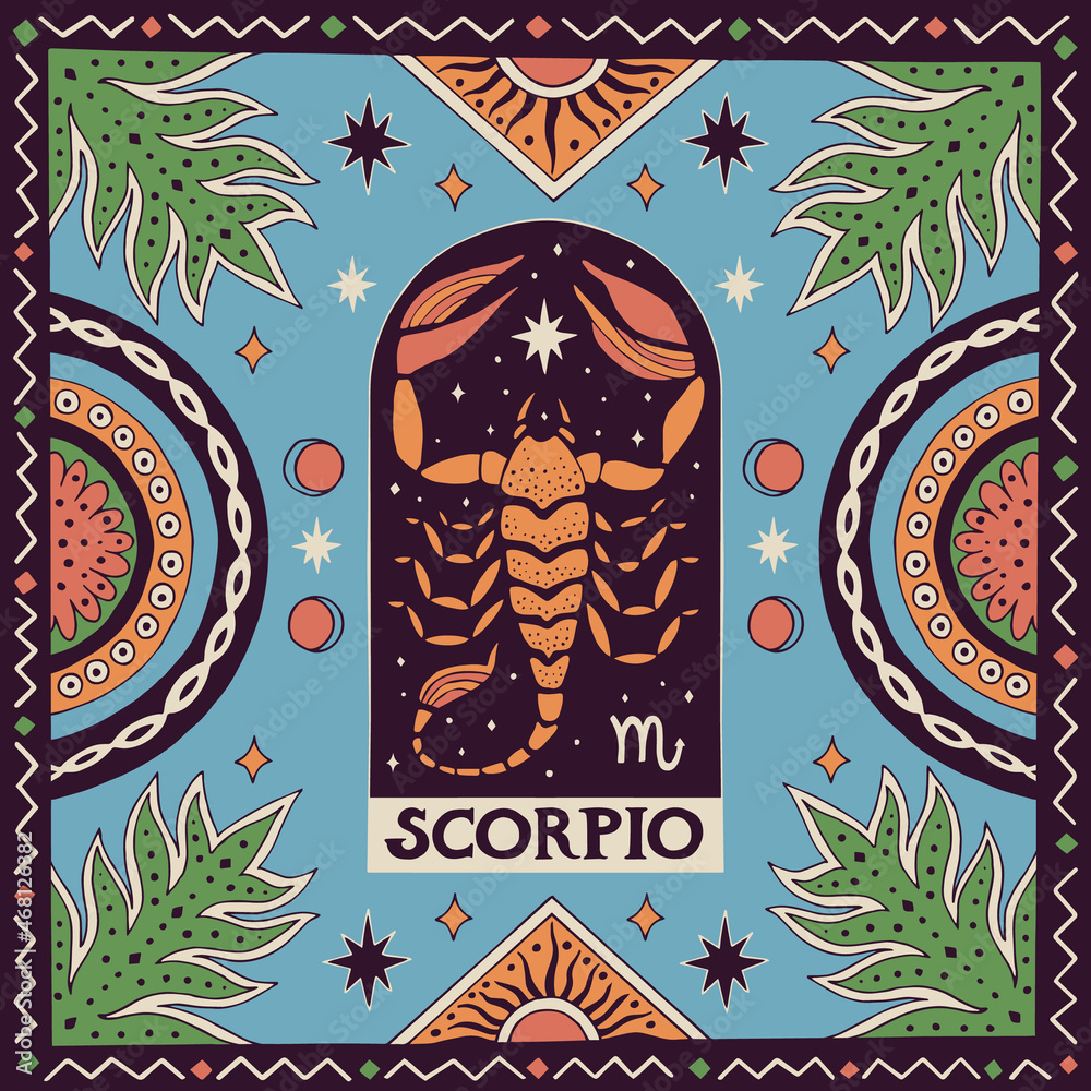 Scorpio zodiac sign. Horoscope. Illustration for souvenirs and social ...