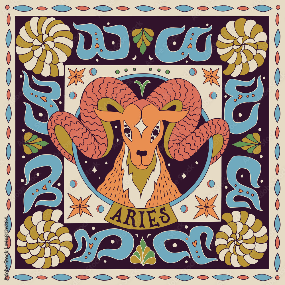 Aries zodiac sign. Horoscope. Illustration for souvenirs and social ...