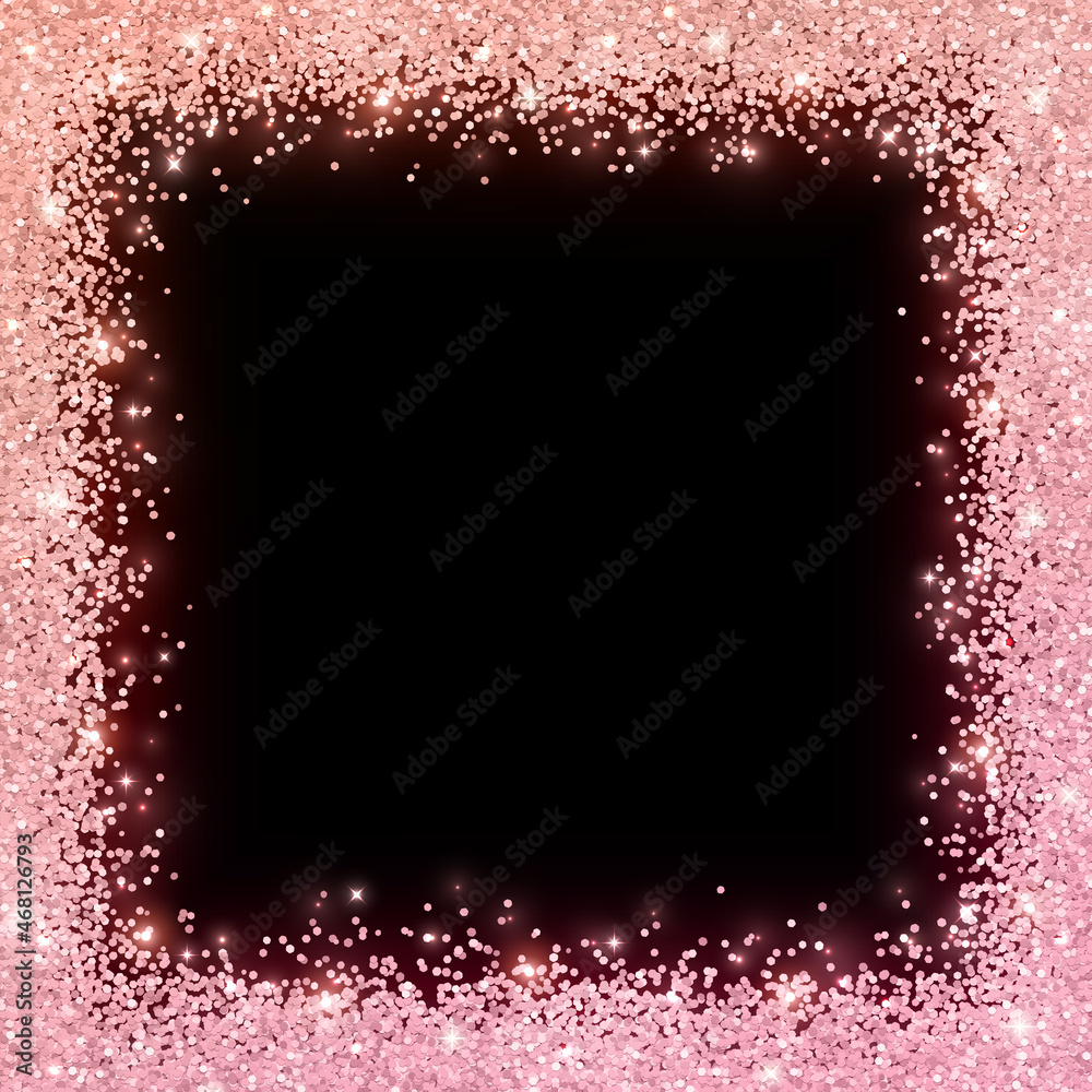 Rose gold glitter holiday border frame with color effect on black ...