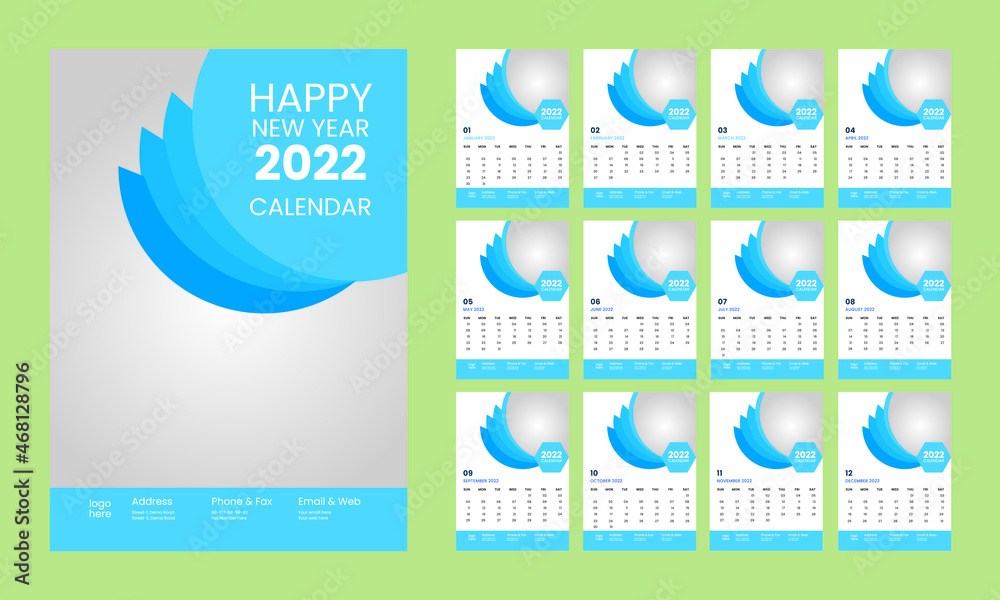free shape wall Calendar template for the year 2022 A set of pages for ...