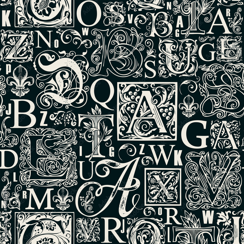 Black and white seamless pattern with hand-drawn initial and capital ...