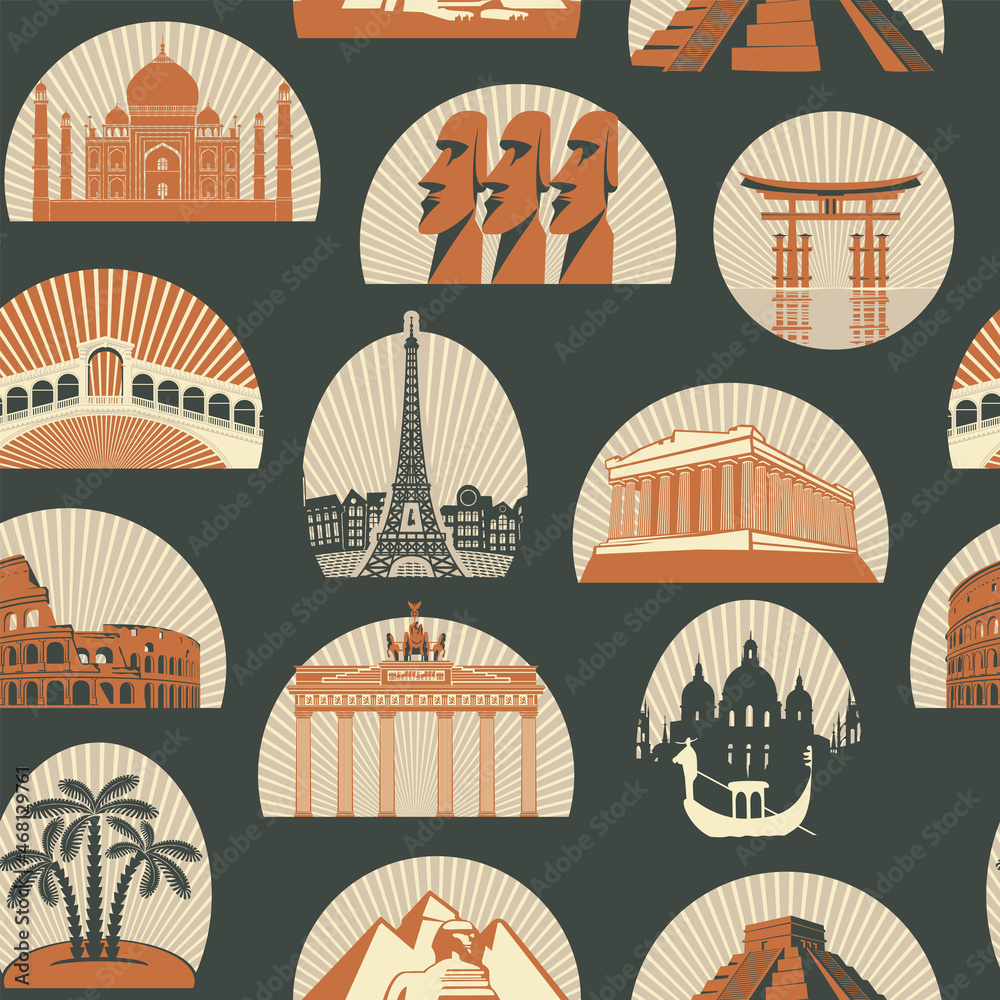 Decorative seamless pattern with various world sights. Vector Repeating ...