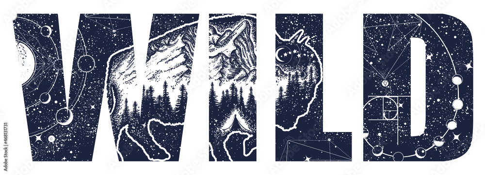 Wild slogan. Esoteric Buffalo bull. Bison and night sky. Double ...