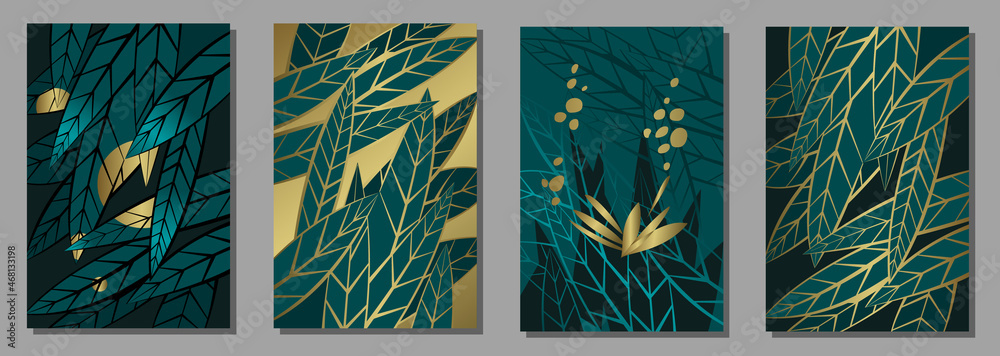 Set of posters of tropical leaves in gold and dark green colors ...
