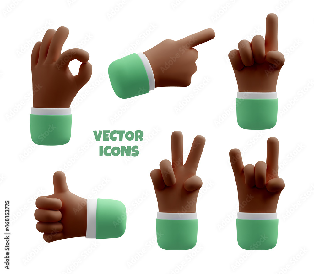 3d hand icon set. Vector realistic gesture of black skinned arms ...