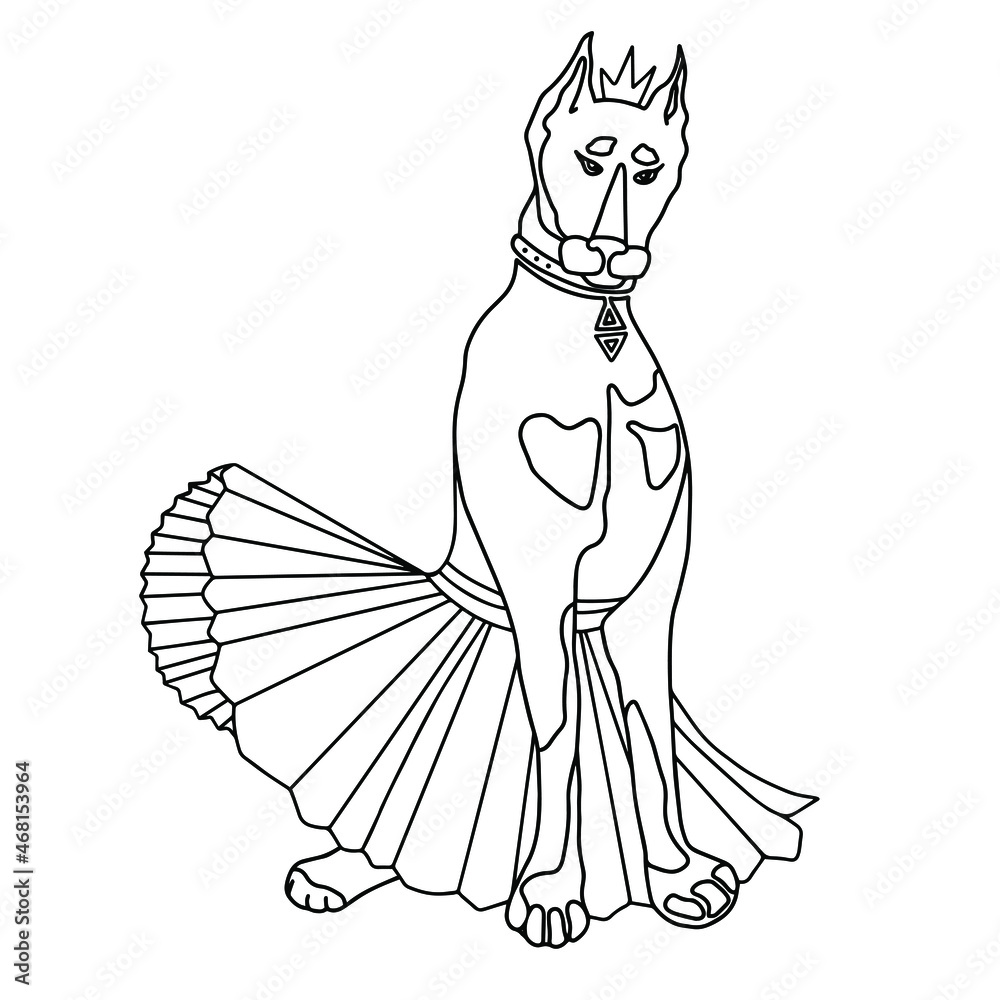 Linear art. Doberman in ballet tutu. Dog in crown. Dog girl. Drawing ...