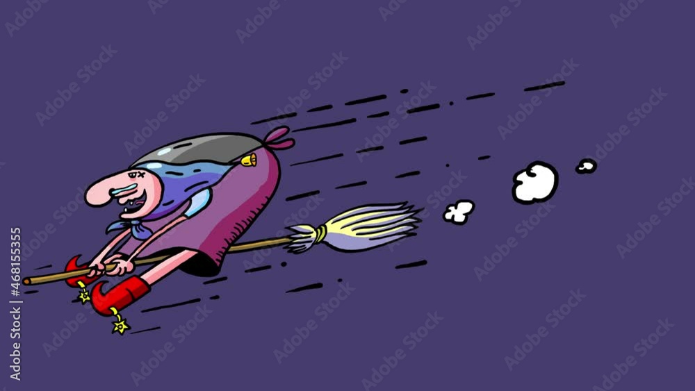 Old woman fast flying on broom. Isolated cartoon crazy doodle character ...