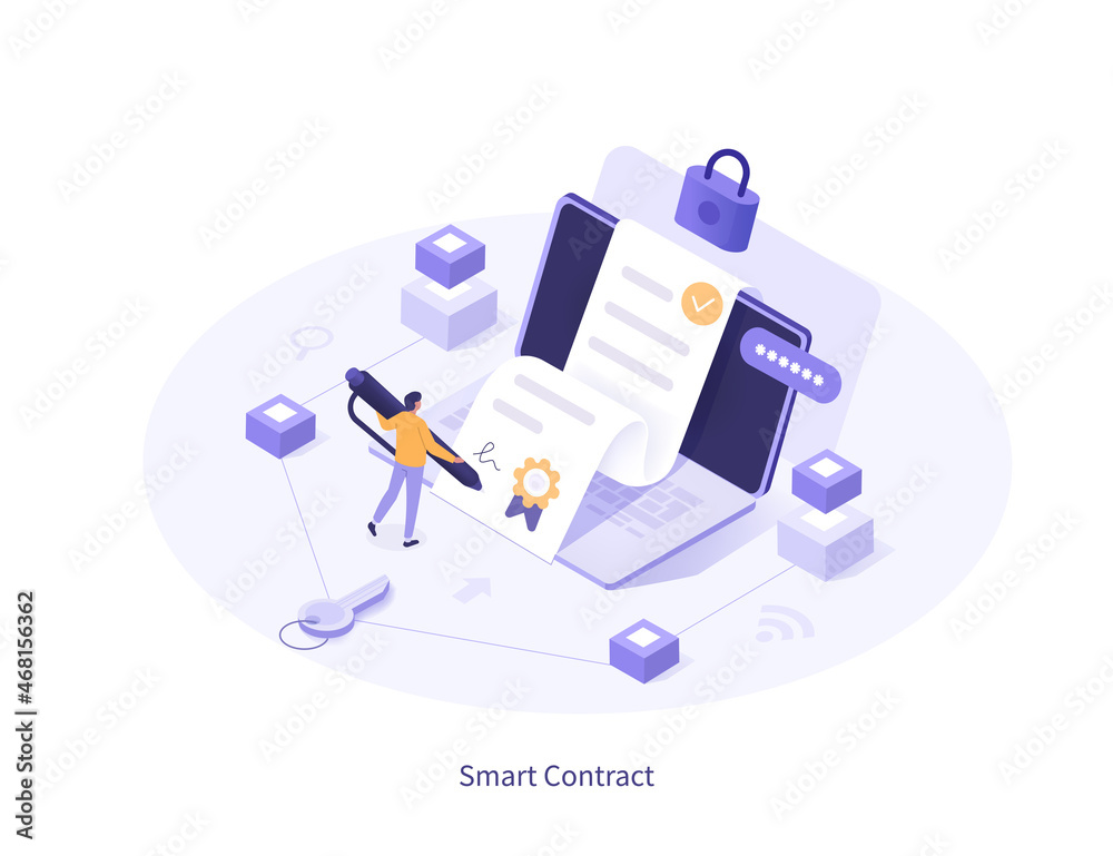 Smart contract 3d isometric illustration. Character signing document or ...