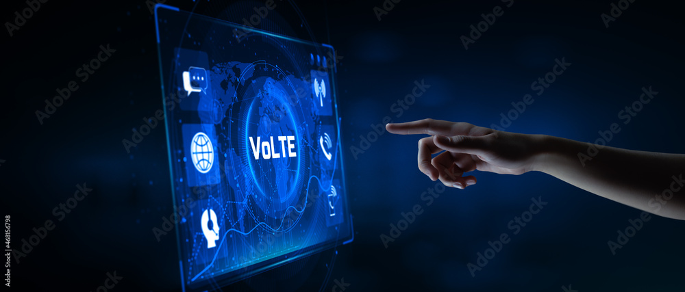VoLTE Voice over LTE communication technology concept. Hand pressing ...