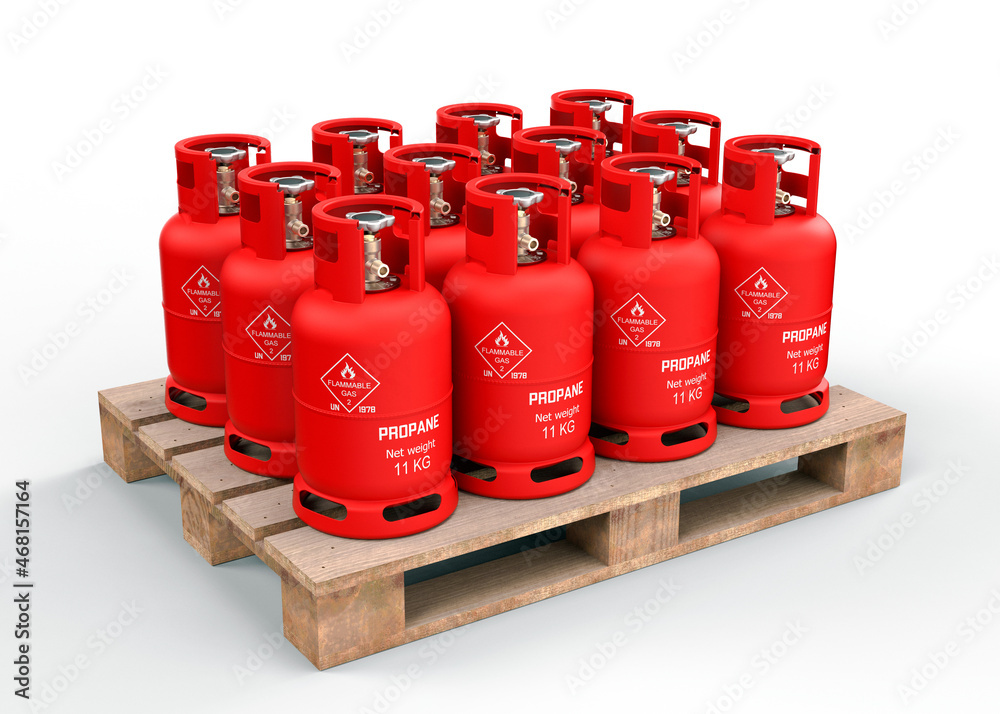 LPG cylinders stacked on a pallet, isolated on white background Stock ...