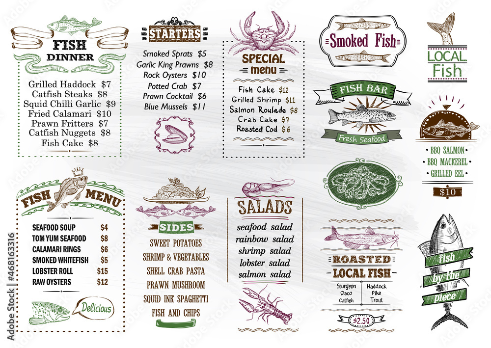 Fish menu elements and symbols set, hand drawn graphic illustration ...