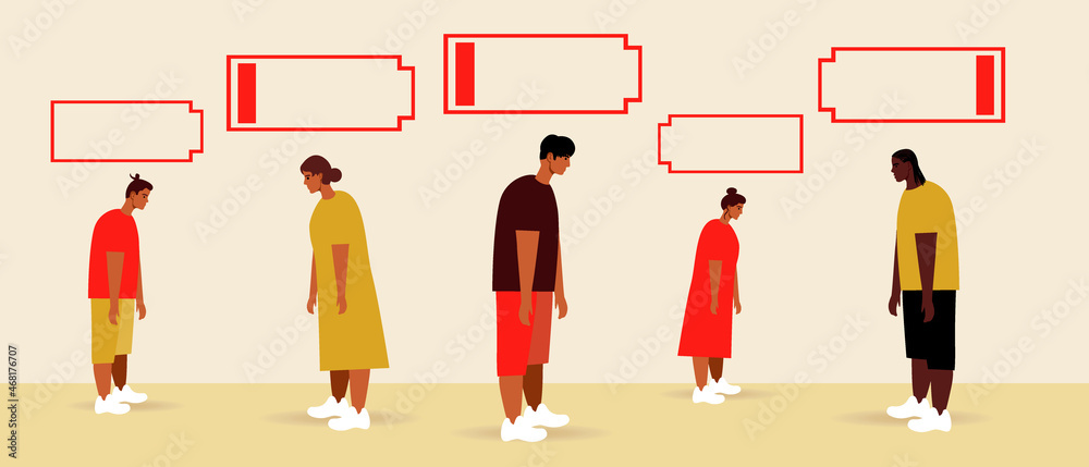 Emotional burnout in society, tired people, flat vector stock ...