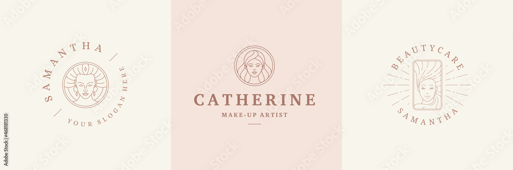 Feminine logos emblems design templates set with female portraits ...