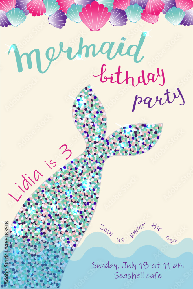Mermaid birthday party invitation card for a girl. Hand written ...