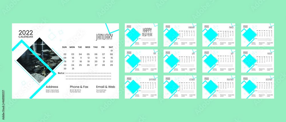 Monthly blue color shape desk Calendar template for the year 2022 A set ...