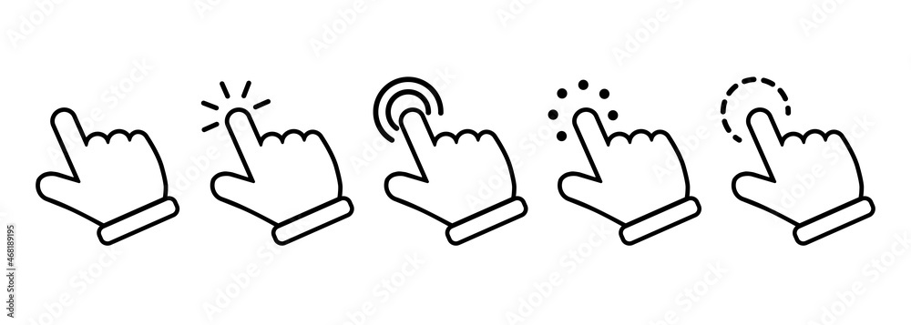 Computer mouse click cursor gray arrow icons set. Clicking cursor, pointing hand clicks and ...