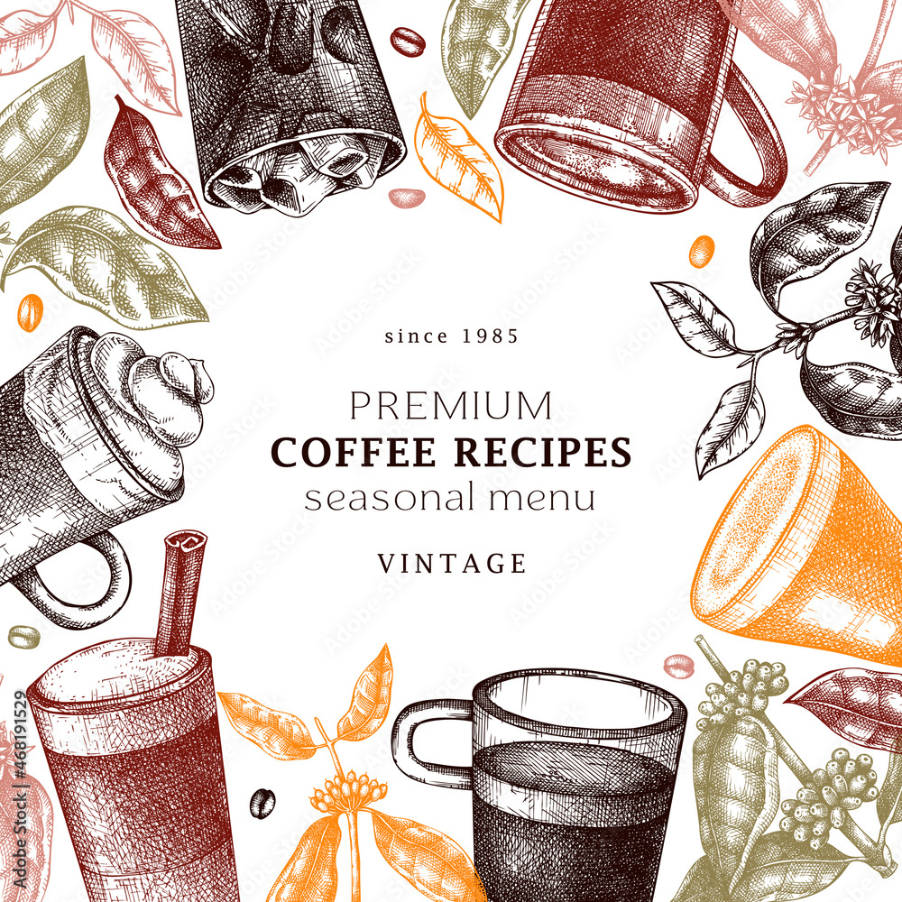 Hand-sketched coffee square card design. With vector sketches of ...