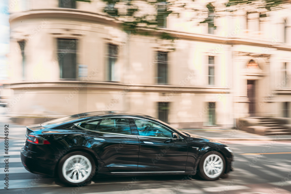 Black Color Tesla Model S 100d Car Fast Drive In Summer City Street ...