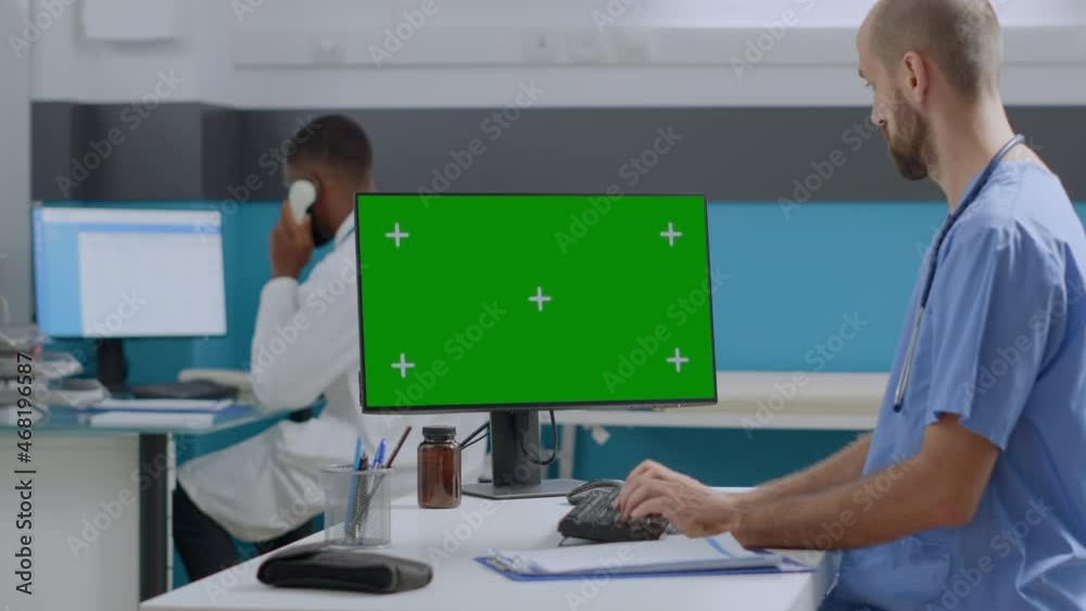 Therapist man nurse typing disease expertise after analyzing medical ...