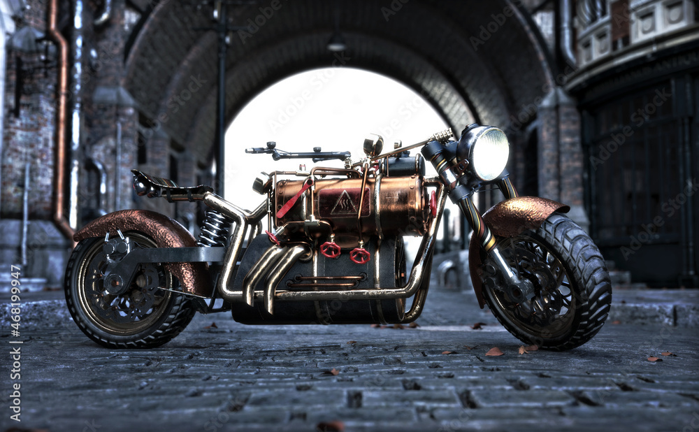 Steam punk inspired motorcycle with period architecture background. 3d ...
