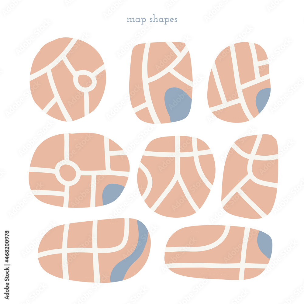 Top view city map shapes set of the Urban crossroads with lakes and ...