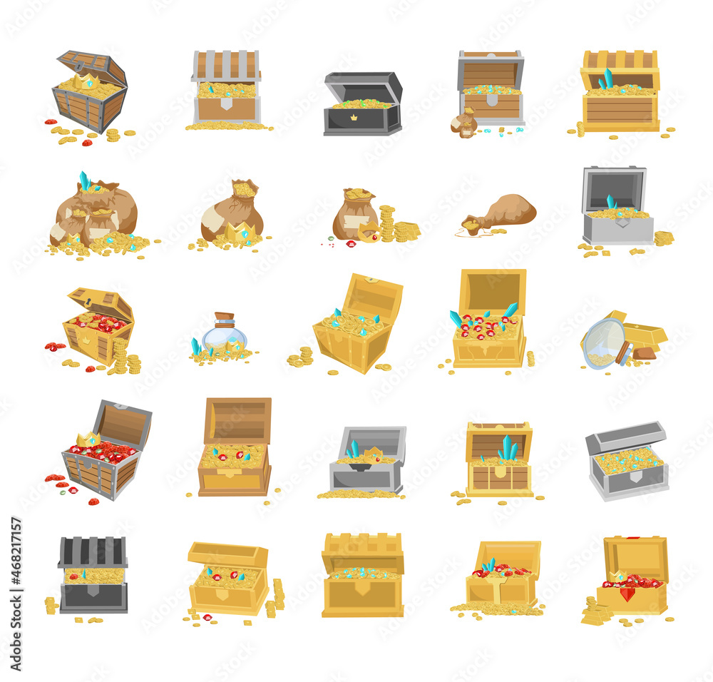Vector collection of cartoon treasure chests. Treasure and gold ...