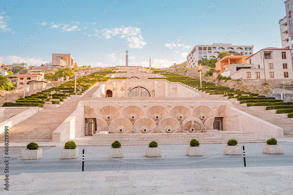 Morning view of famous Cascade stairway monument in Yerevan. Travel ...