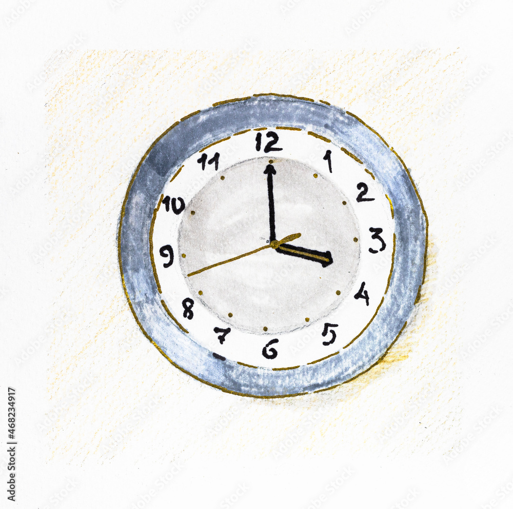 sketch of round wall clock showing 4 o'clock on the dial hand-drawn ...