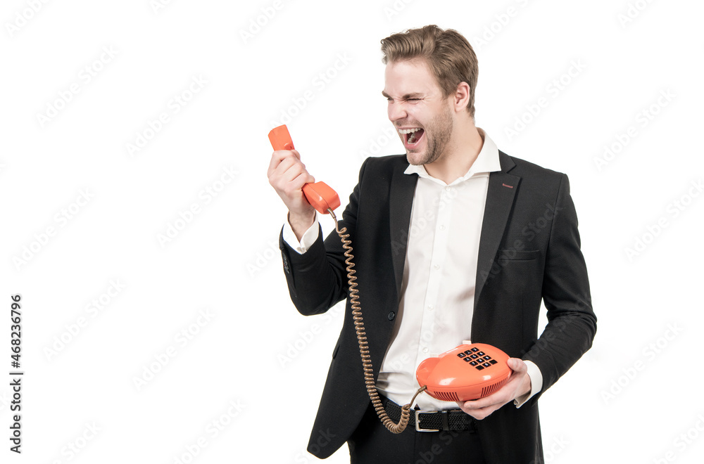 Angry man shout in vintage telephone receiver holding old-fashioned ...