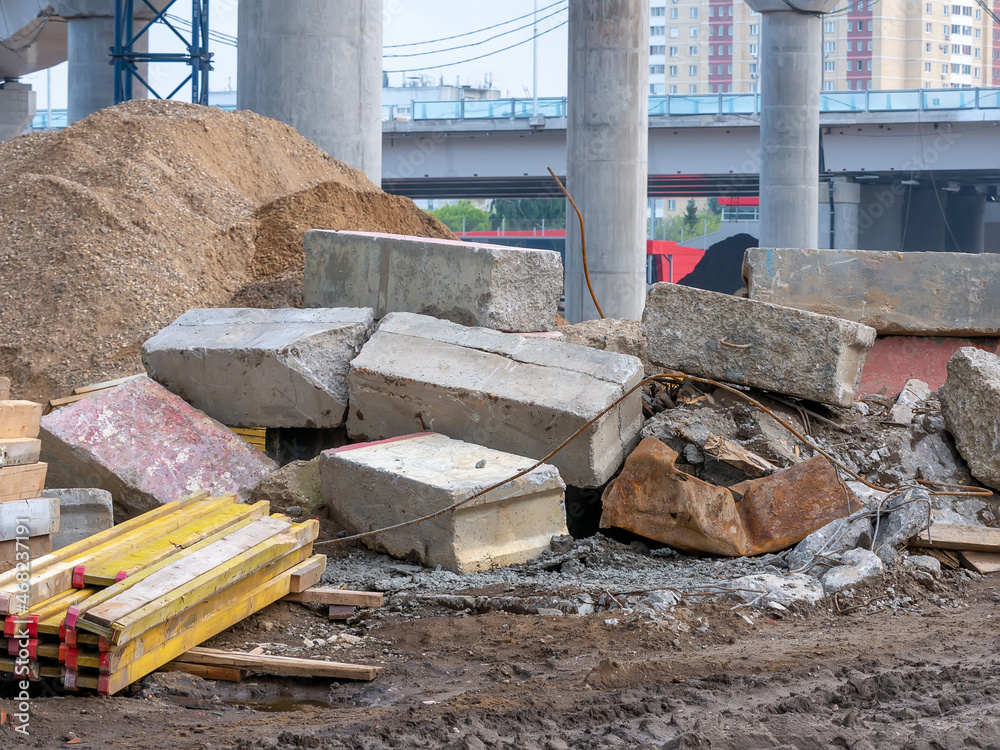 Demolition of buildings and structures. Close-up concrete debris ...