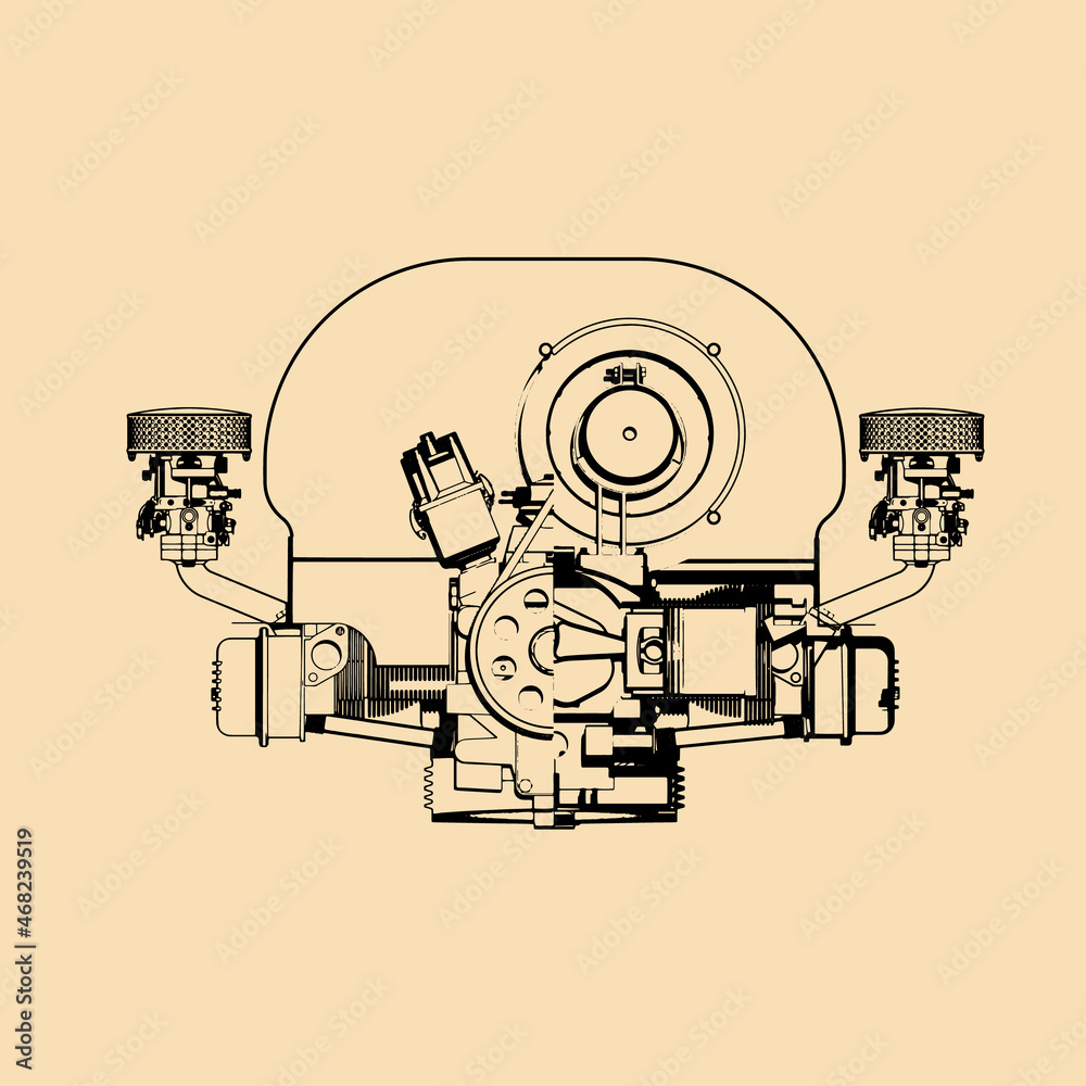 Sectional Drawing of an Aircooled Boxer Engine. Outline Style ...