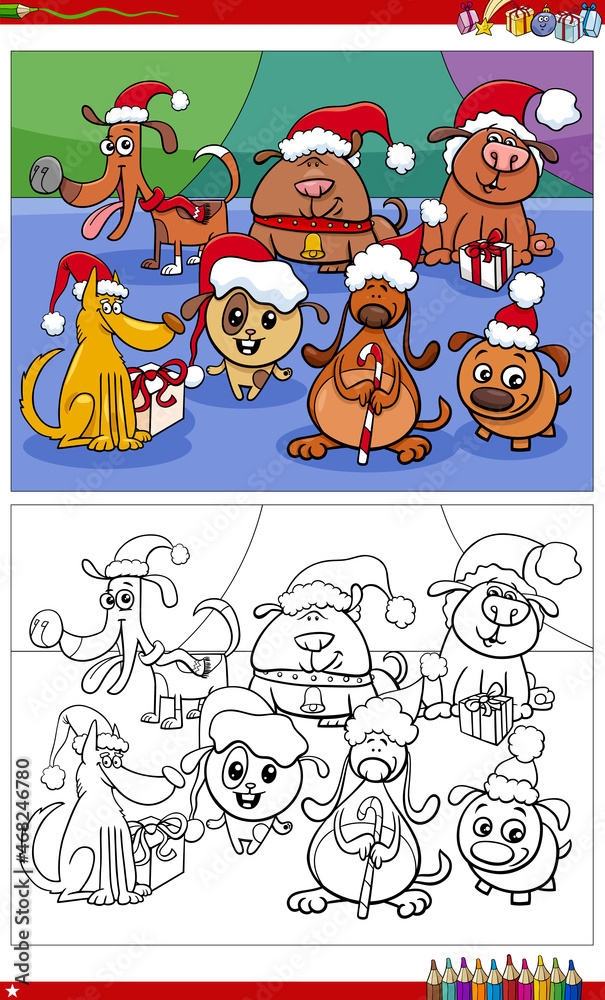 cartoon dog characters with Christmas presents coloring book page Stock ...